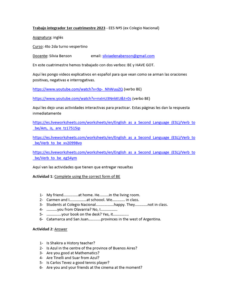 Trabajo Integrador Ingles 1er Cuatrimestre 2023 4to 2da Nacional | PDF