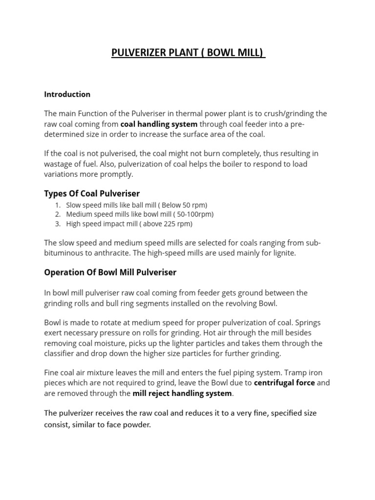 Pulverizer Plant (Bowl Mill) | PDF | Mill (Grinding) | Mechanical ...