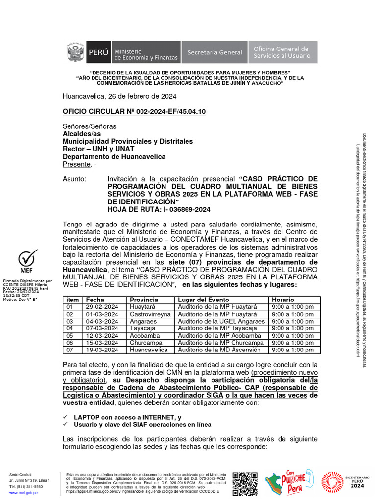 Oficio Circular #002-2024-Capacitacion Presencial en Las 7 Provincias de Huancavelica 2024 | PDF ...