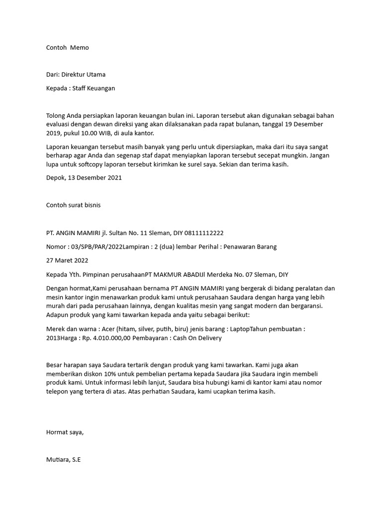 Contoh Memo Dan Contoh Surat Bisnis | PDF