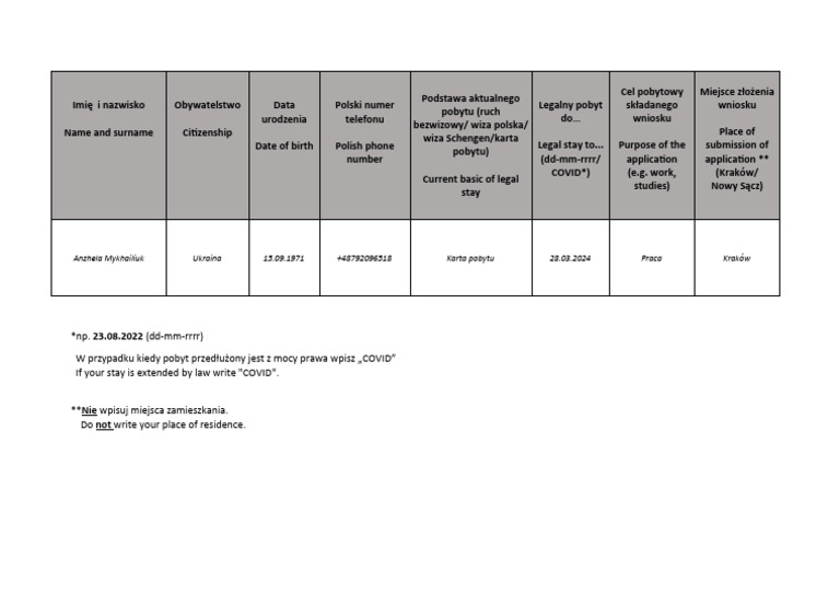 Tabela Dane Do Rezerwacji Yuliia Riabokon | PDF