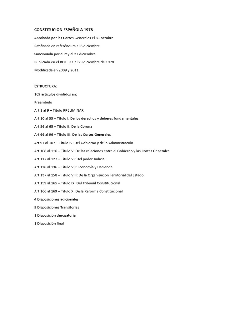 Resumen Constitucion Española 1978 Pdf Documentos Legales Gobernancia