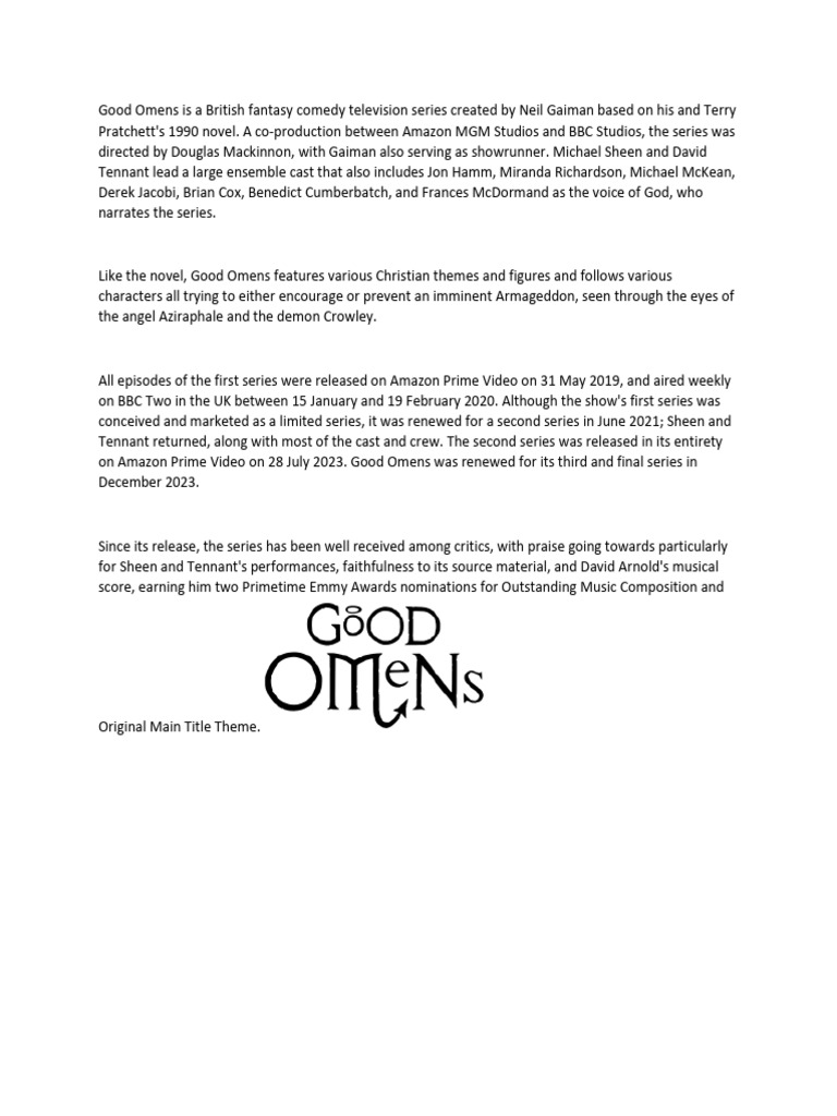 Good Omens Is A British Fantasy Comedy Television Series Created by Neil Gaiman Based On His and ...