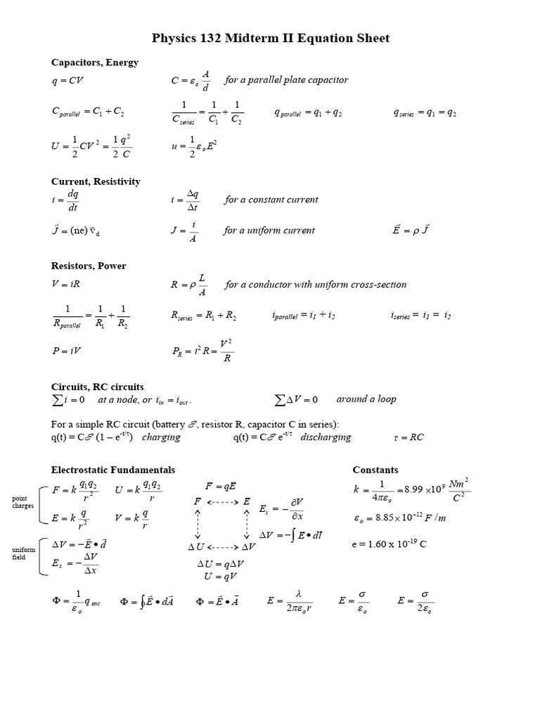 Physics 132 Midterm II Equation Sheet: Capacitors, Energy | PDF | Electronics | Metrology