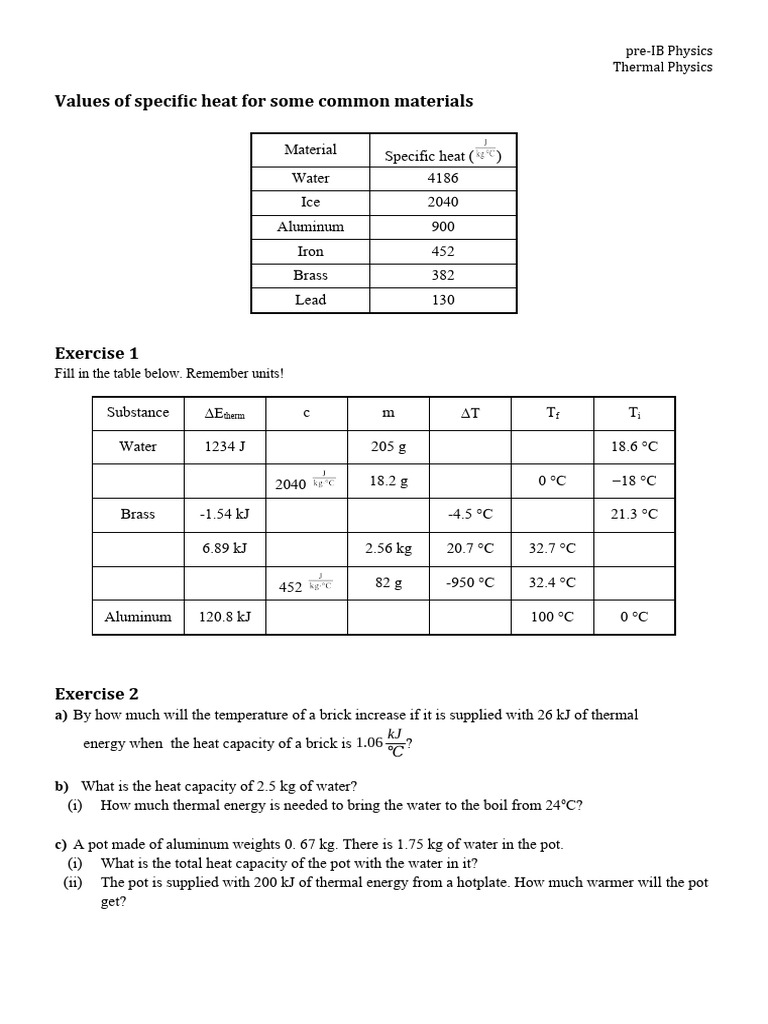2 Specific Heat Exercises | Download Free PDF | Heat Capacity | Heat