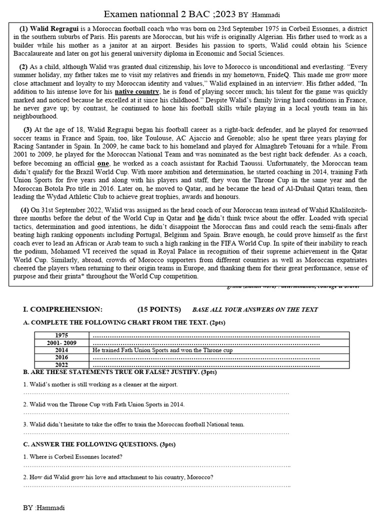 Examen Nationnal 2 BAC 2023 BY Hammadi | PDF