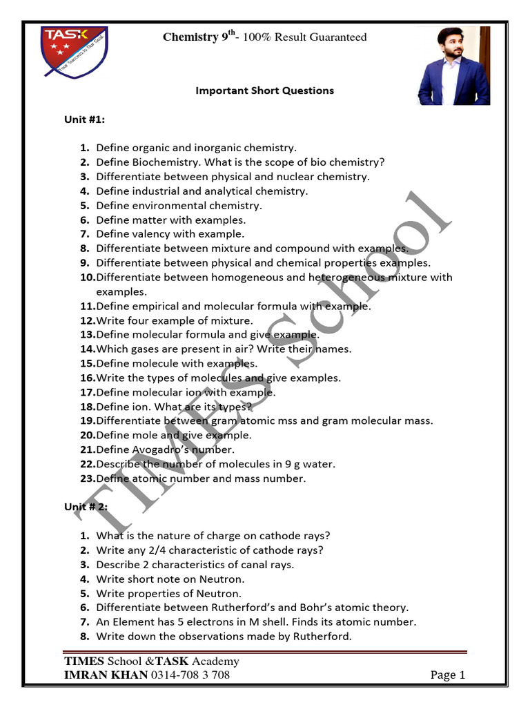Chemistry 9th Imp Short & Long Questions | PDF | Chemistry | Molecules