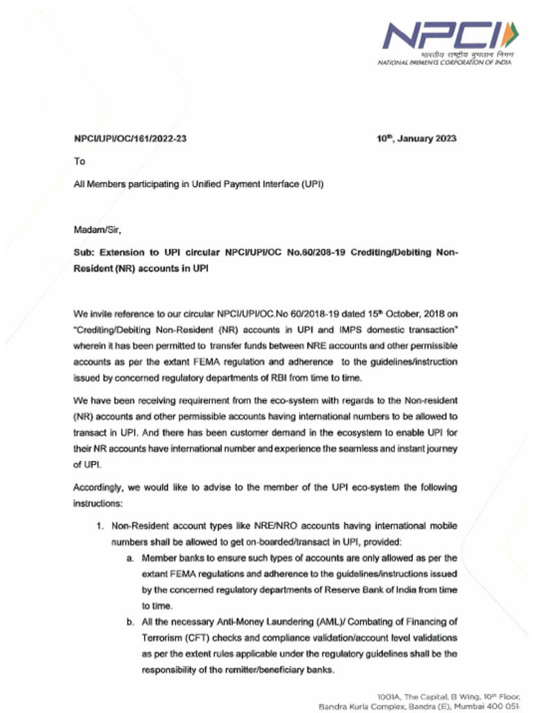 UPI OC 161 Extension To UPI Circular No 60 Crediting Debiting Non ... UPI OC 161 Extension To UPI Circular No 60 Crediting Debiting Non ...