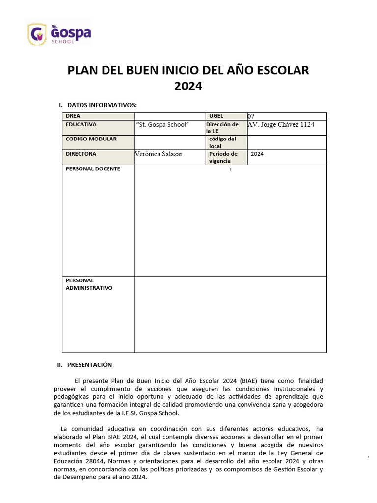 Plan Buen Inicio Del Año Escolar 2024 Pdf Educación Primaria