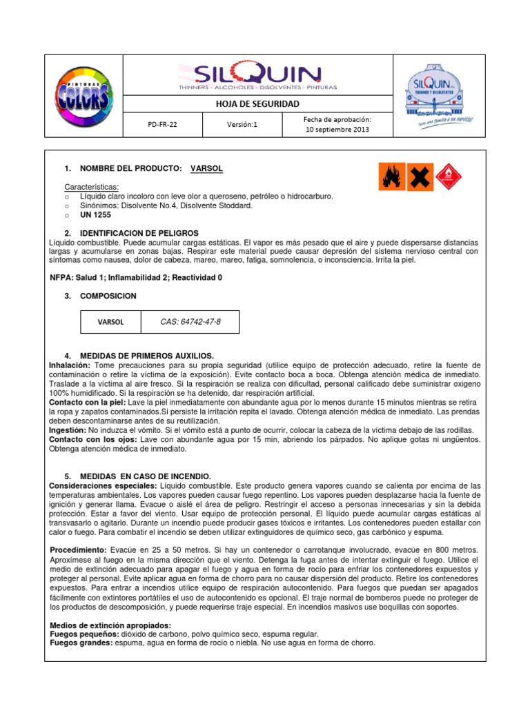 MSDS - Varsol 2 | PDF | Agua | Incendios