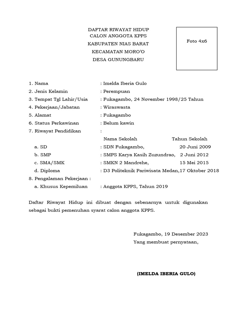 Daftar Riwayat Hidup Imelda | PDF