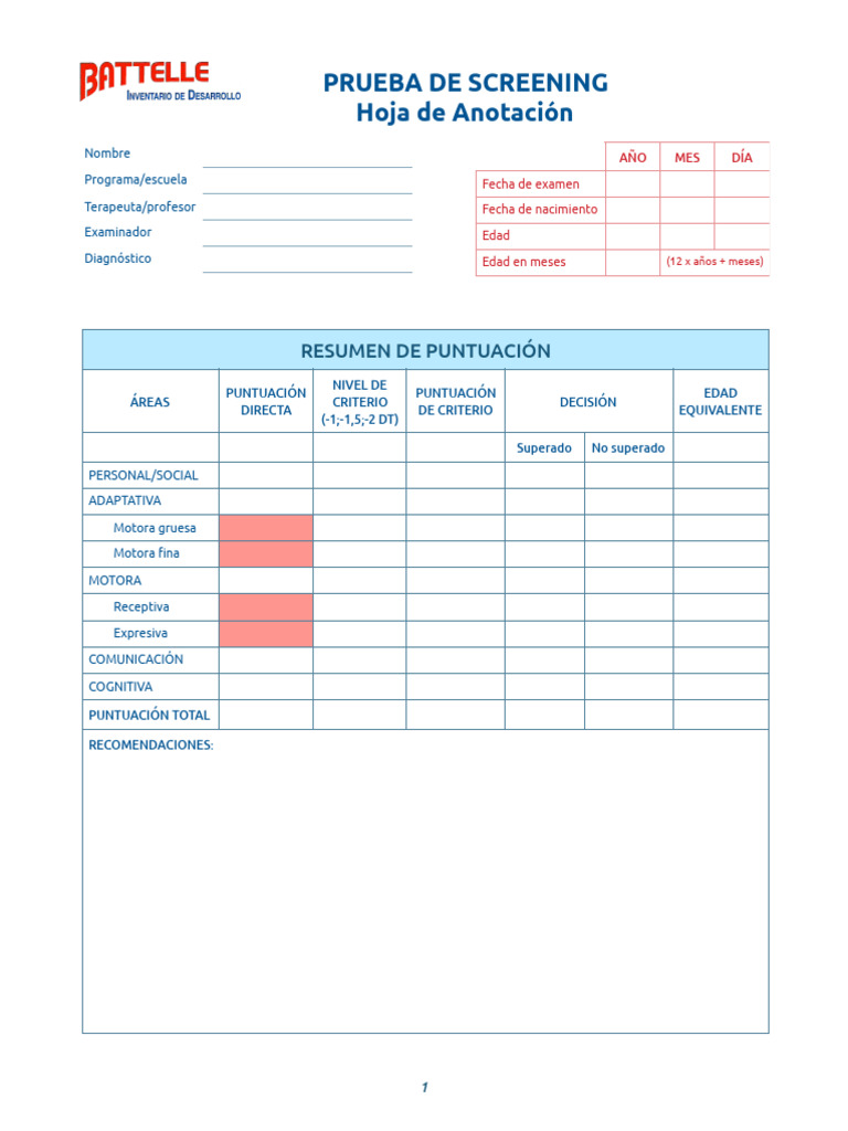 Battelle Prueba Screening | PDF