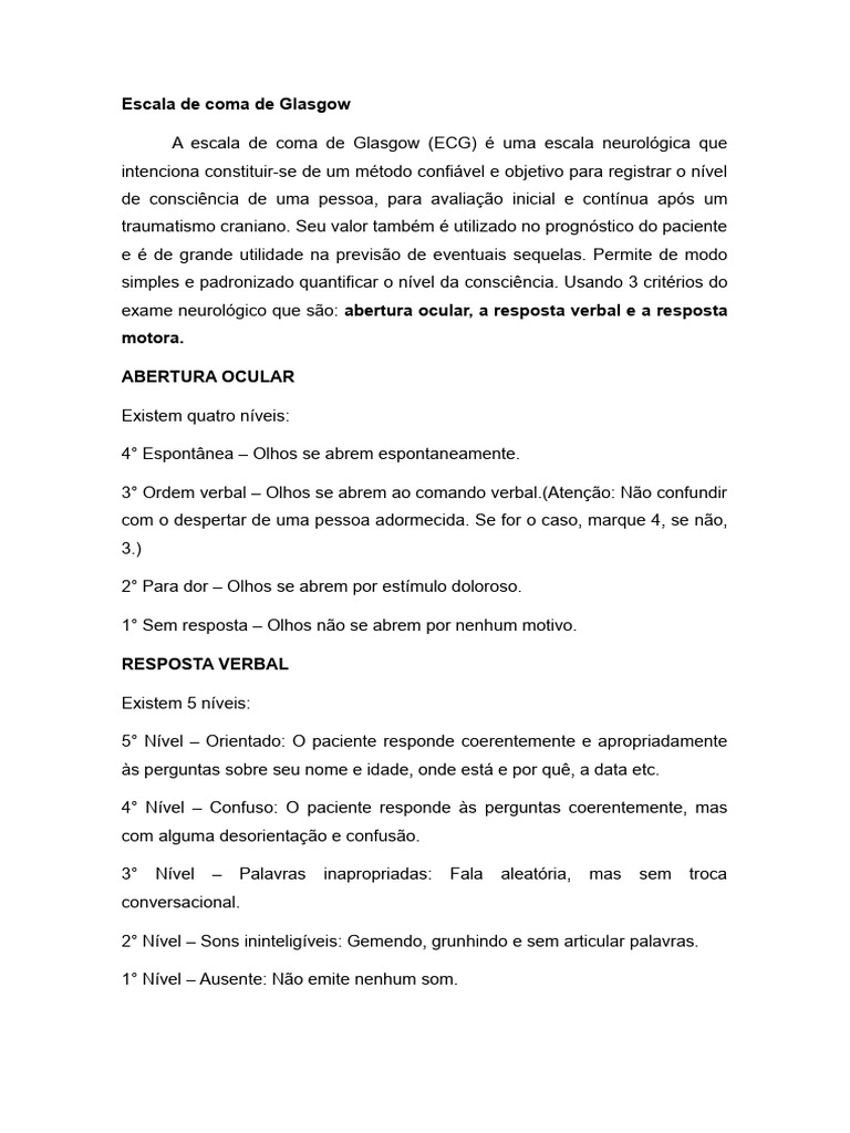 Avaliação da Escala de Coma de Glasgow | PDF