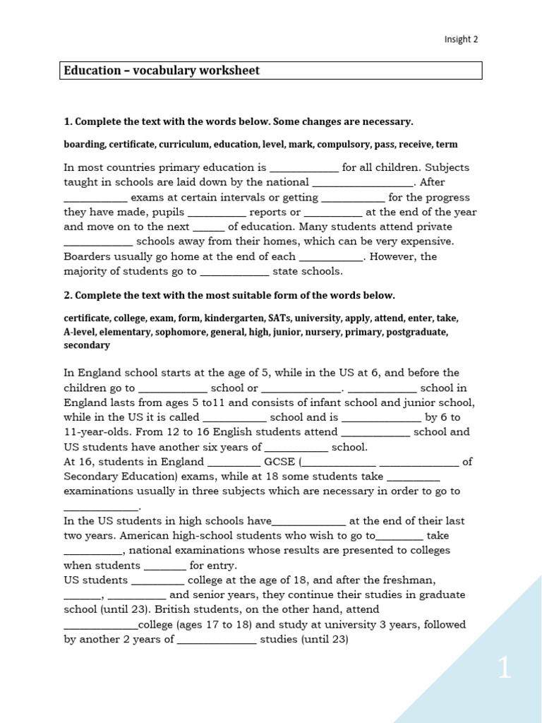 Education - Worksheet | PDF | Schools | Educational Institutions