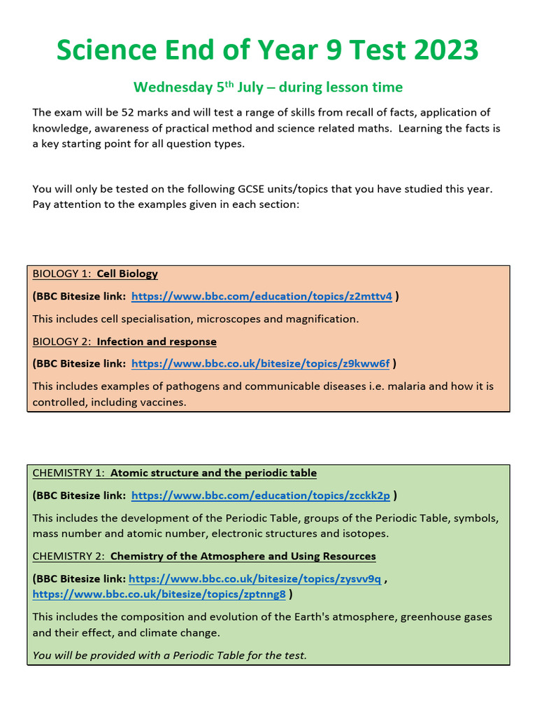 Y9 Science End of Year Exam Support Sheet 2023 | PDF | Observational ...