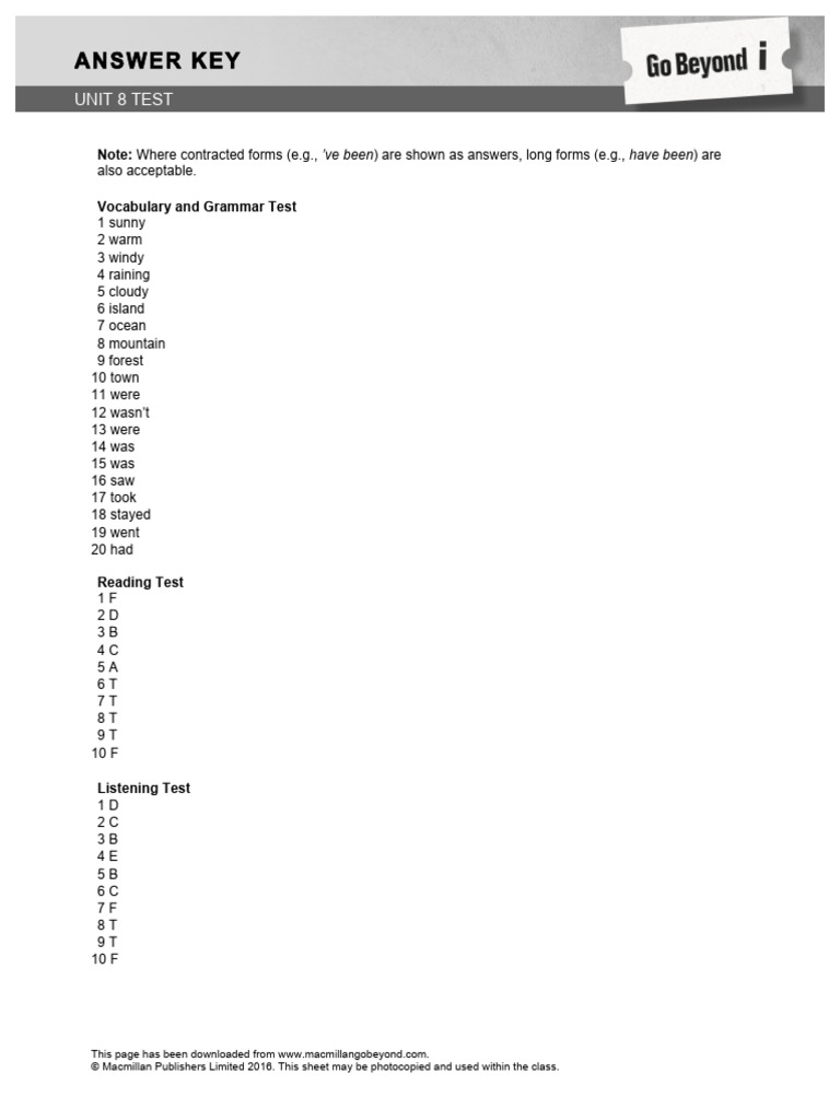 Unit 8 Test Answer Key | PDF