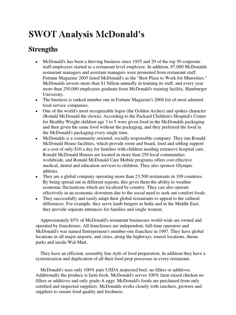 SWOT Analysis McDonald | PDF | Mc Donald's | Fast Food Restaurants