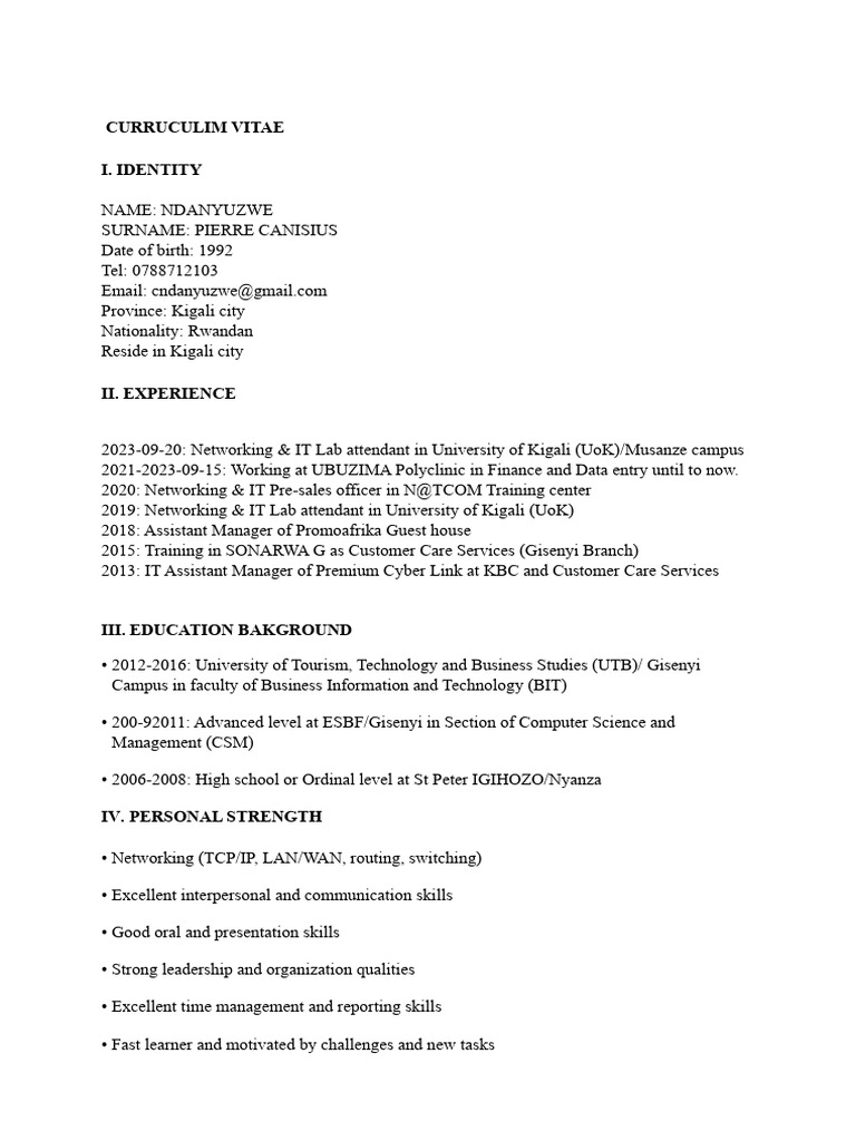 Ndanyuzwe Pierre Canisius - CURRICULUM VITAE | PDF | Computer Network | Cisco Certifications