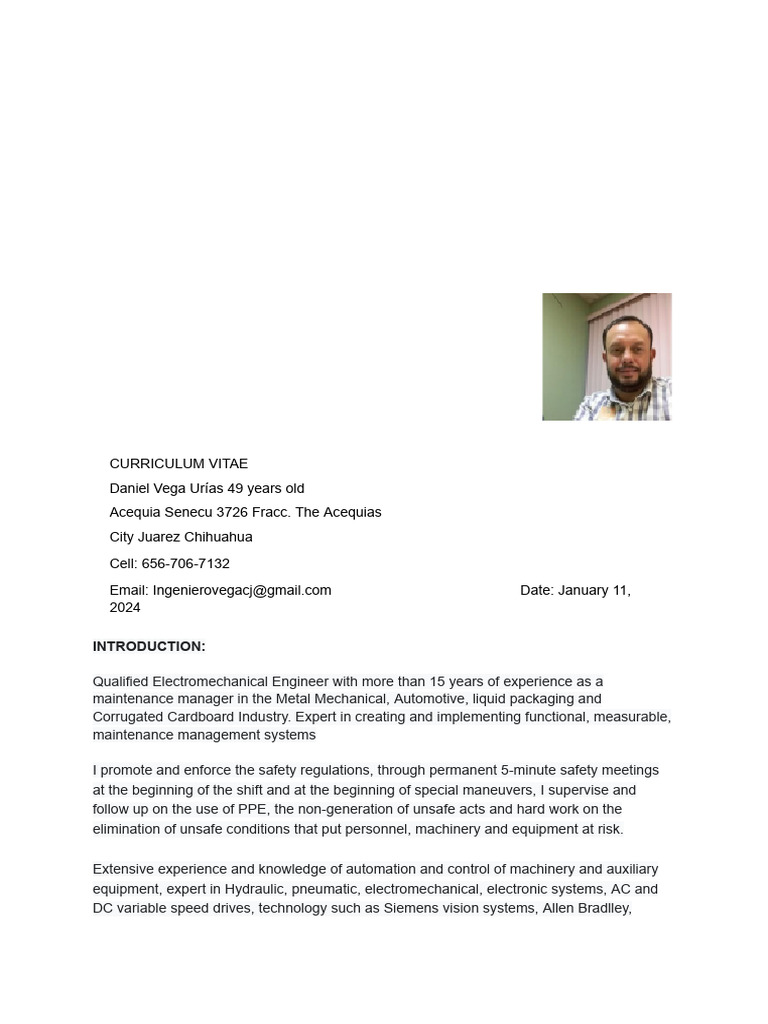Resume Ing Daniel Vega Maintenance Mgr. | PDF | Automation | Programmable Logic Controller