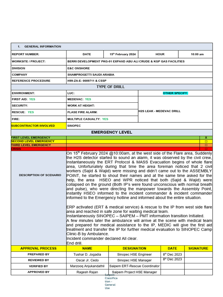 PRE-NOTIFICATION - H2S Leak Emergency Rescue Drill @flare - 15-02-2024 ...