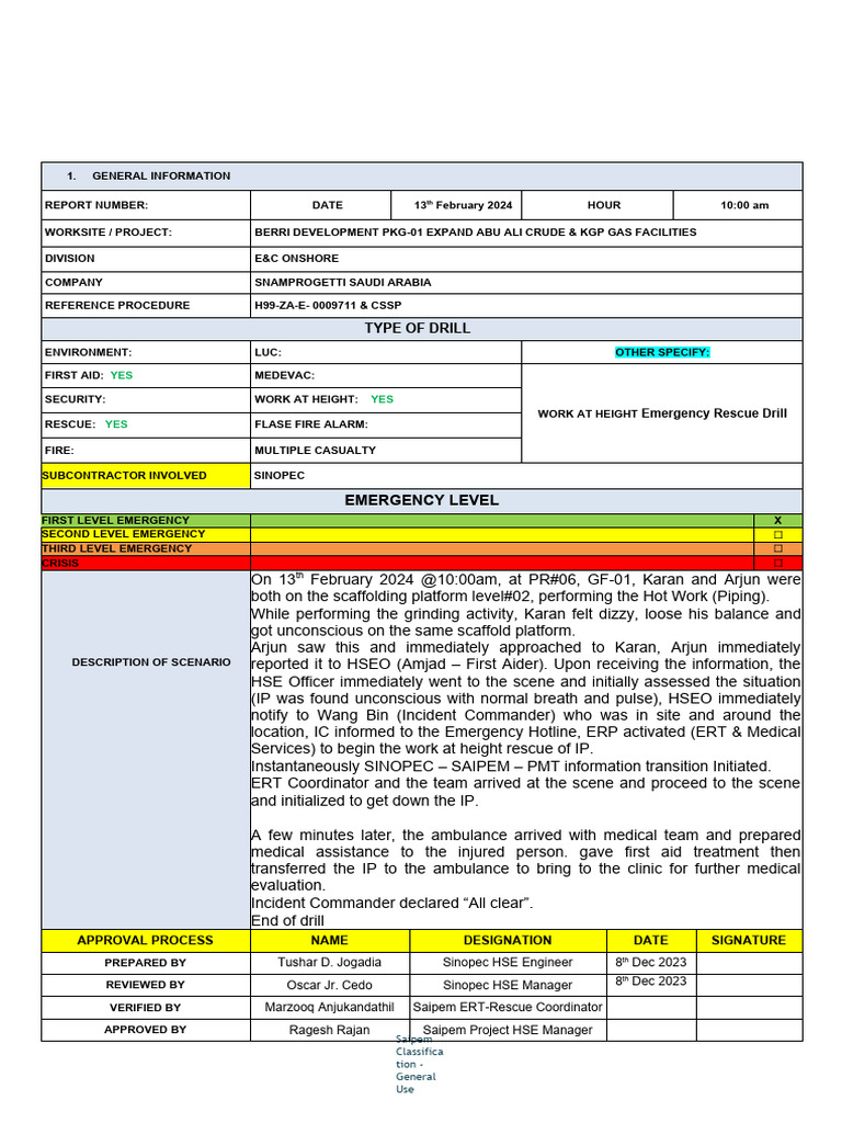 PRE-NOTIFICATION - WORK AT HEIGHT Emergency Rescue Drill | PDF | First ...