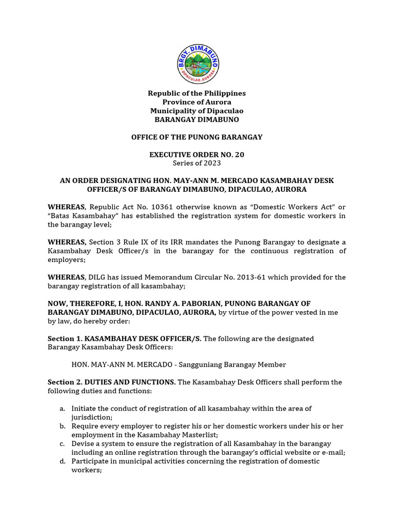 EO Kasambahay Desk Officer | PDF | Government | Justice