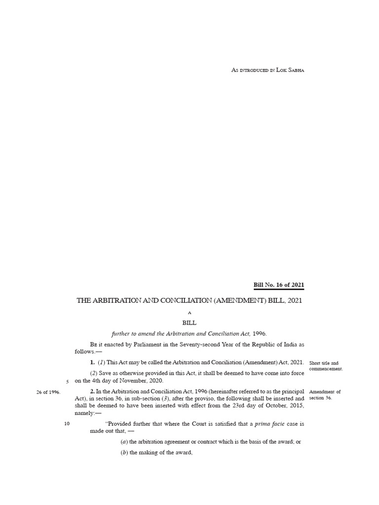 Arbitration and Conciliation (Amendment) Bill, 2021 | PDF | Arbitration ...