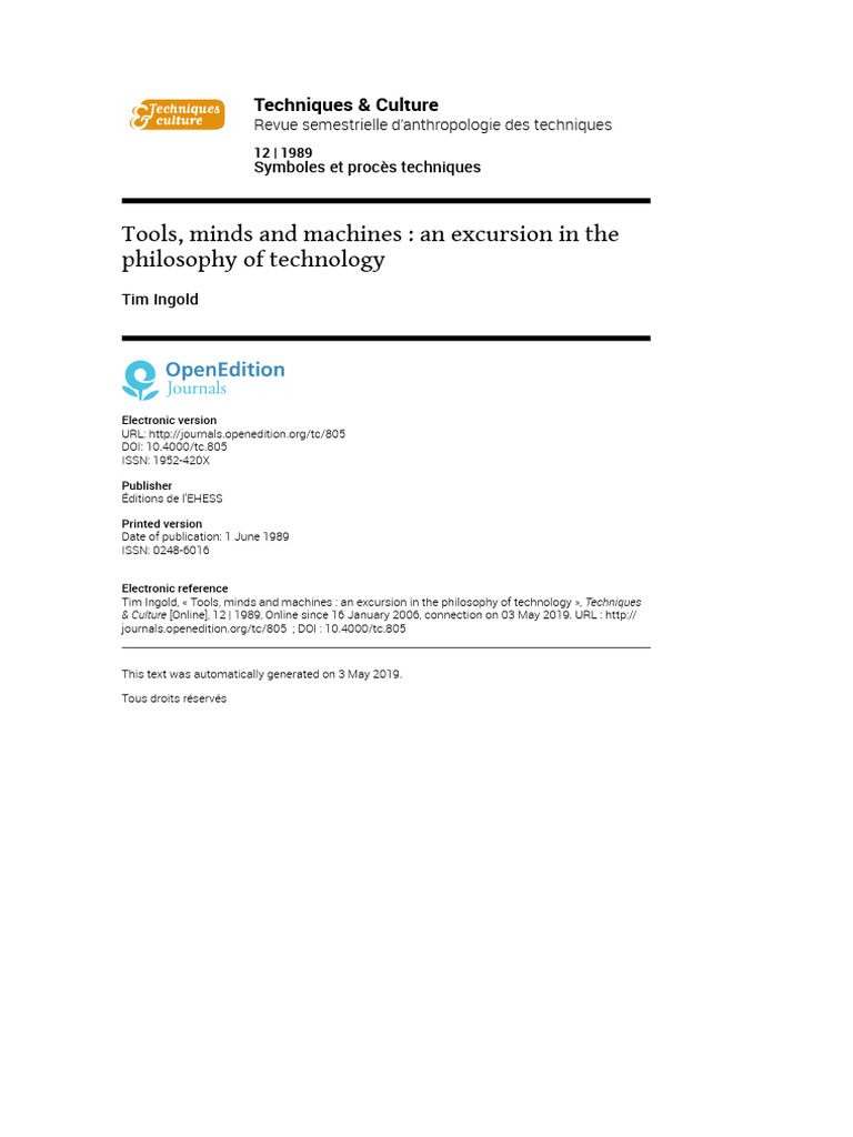 INGOLD, Tim. Tools, Minds and Machines - An Excursion in The Philosophy of Technology | PDF