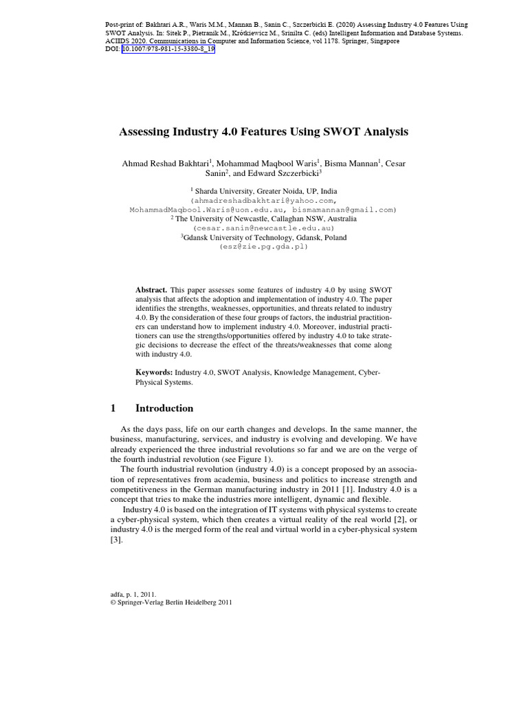 Assessing Industry 4 0 Features Using Swot Analysis - 45252 | PDF ...