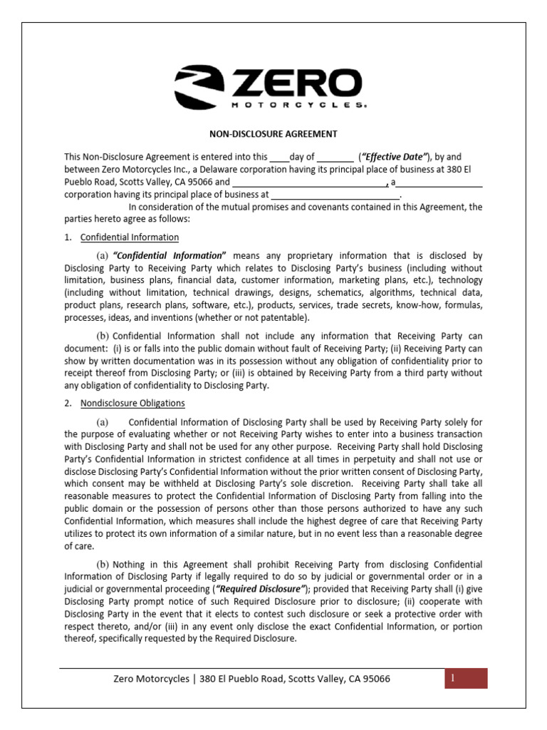 Zero Motorcycles Non-Disclosure Agreement | PDF | Non Disclosure ...