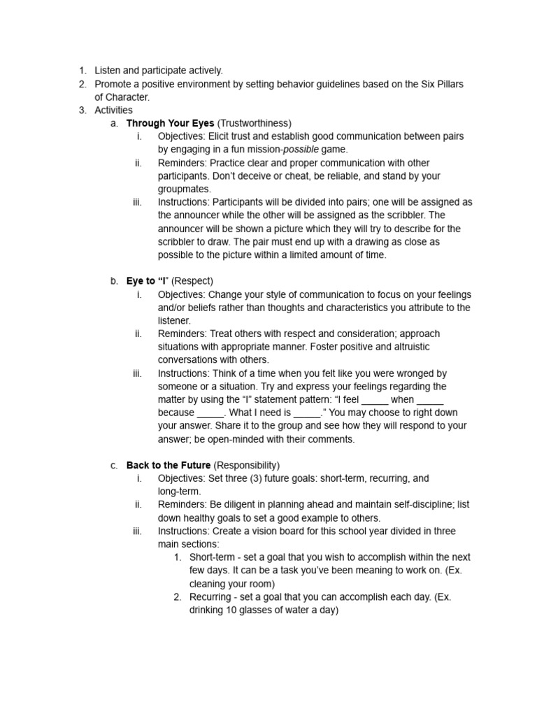Character Building Activities Guide | PDF | Goal | Communication