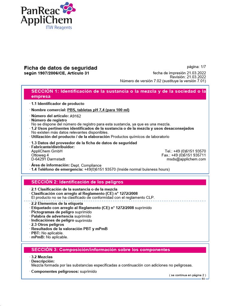 Ficha de Seguridad: PBS pH 7,4 | PDF | Agua | Toxicidad