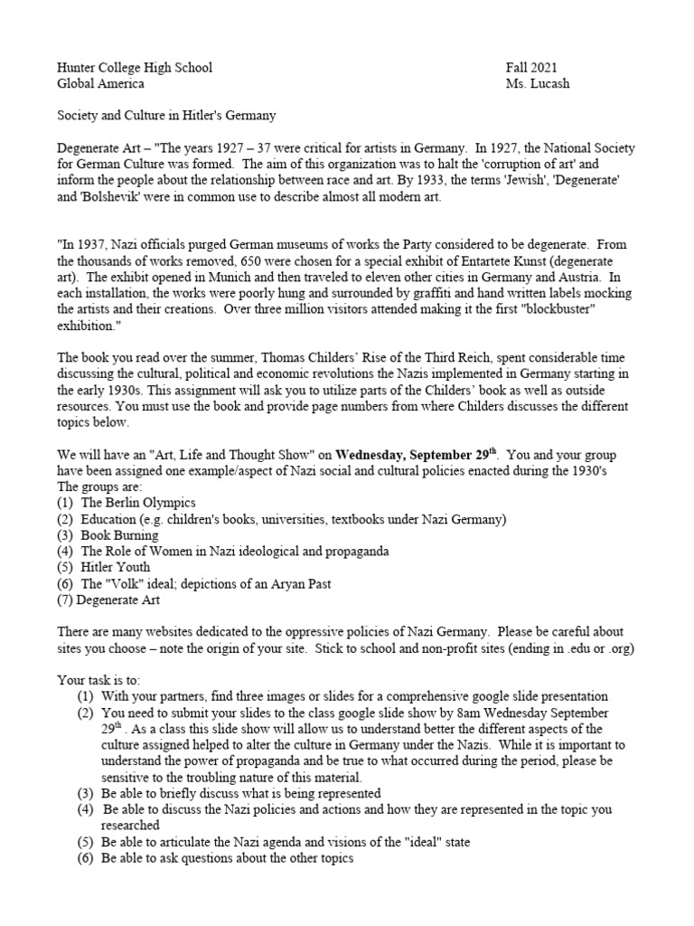 Nazi Culture Assignment 2021 | PDF | Nazi Germany | Nazism