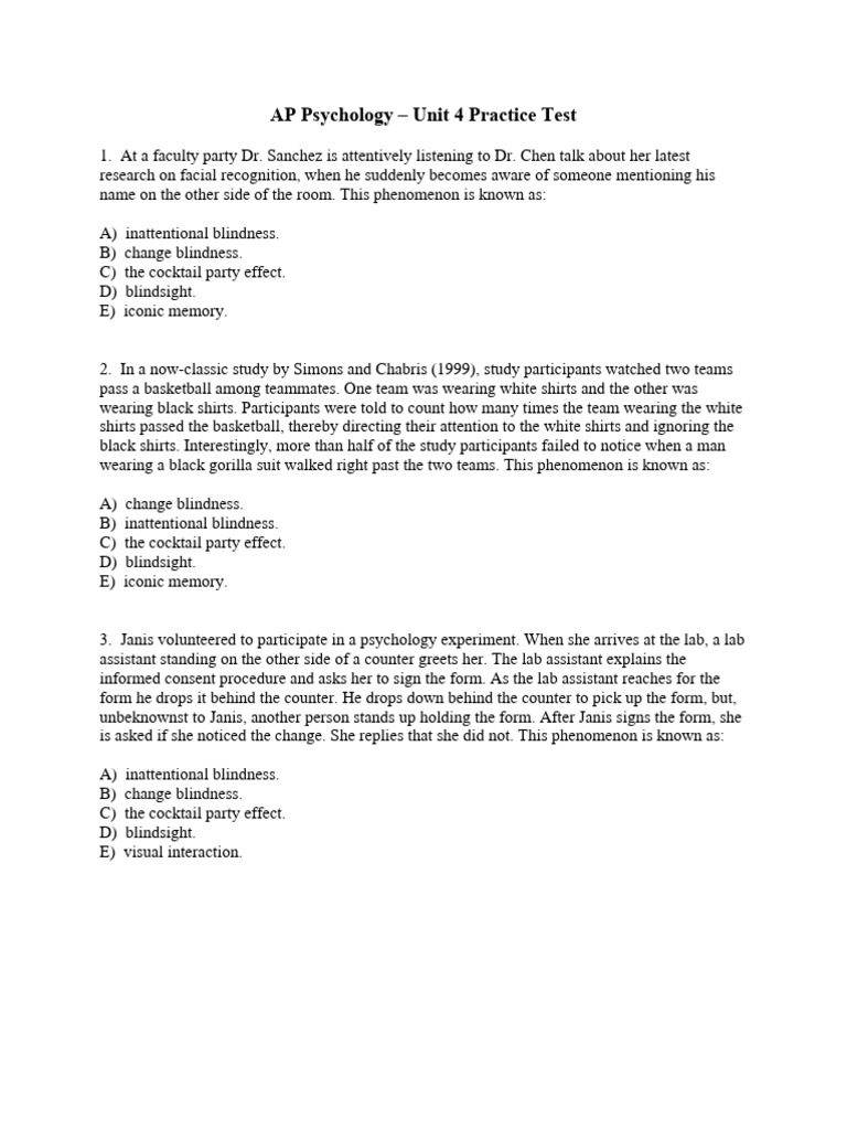 Unit 4 Practice Test Pdf Perception Senses 