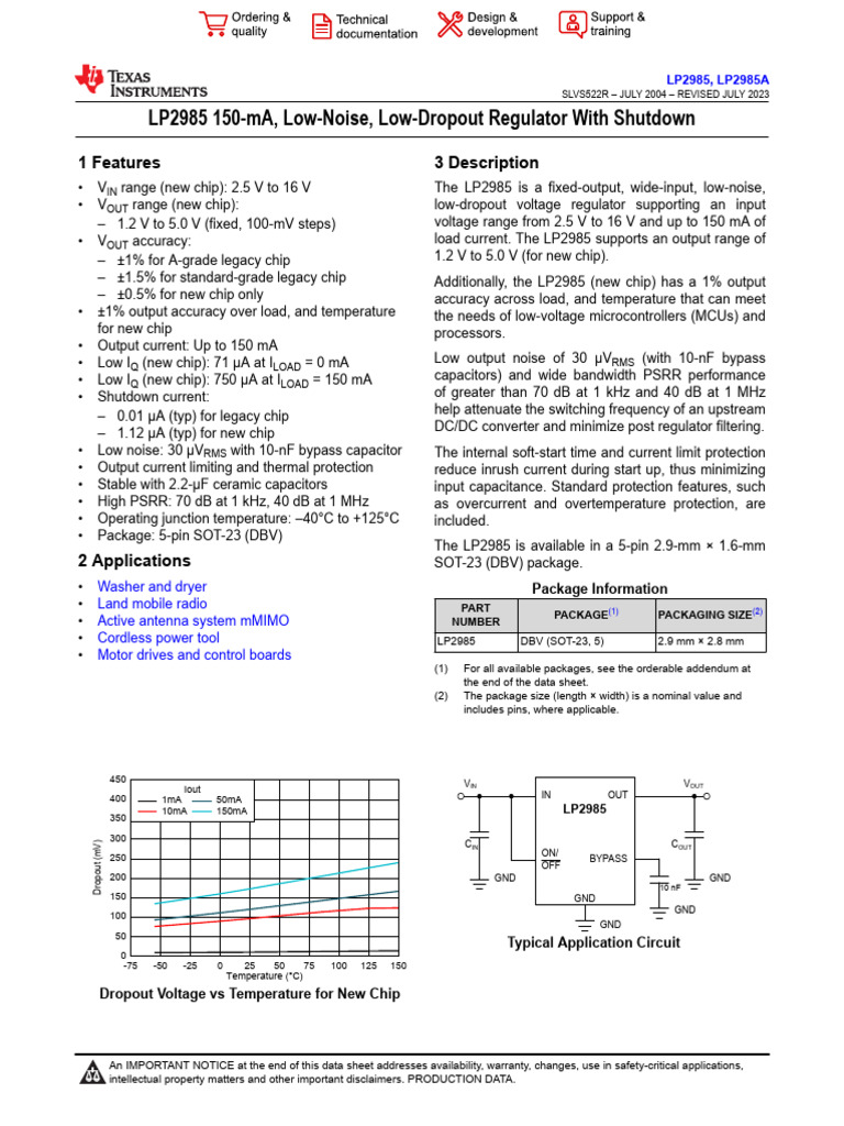 LP2985 150-Ma, Low-Noise, Low-Dropout Regulator With Shutdown | Download Free PDF ...