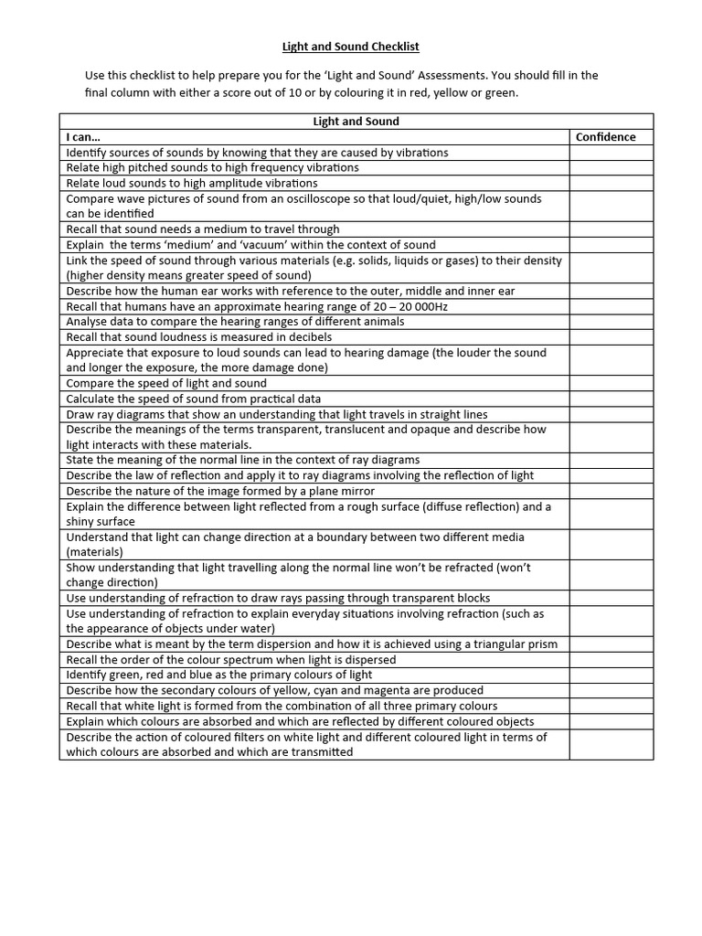 Light and Sound Knowledge Checklist | Download Free PDF | Sound | Light
