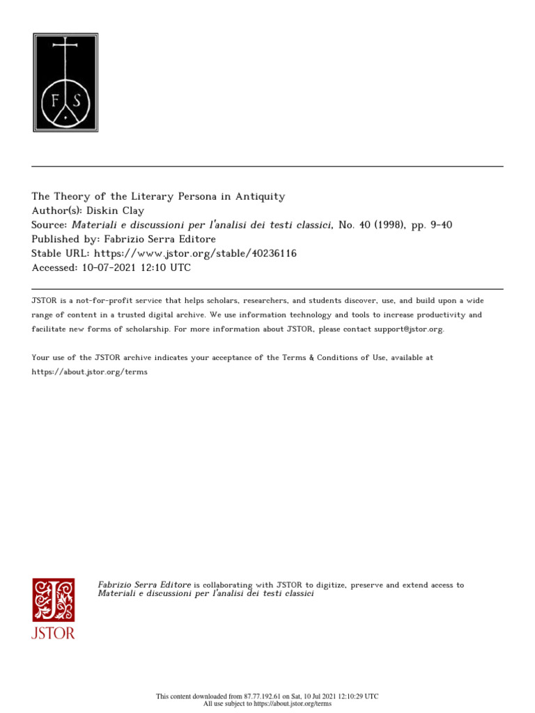 CLAY, Diskin. The Theory of The Literary Persona in Antiquity | PDF ...