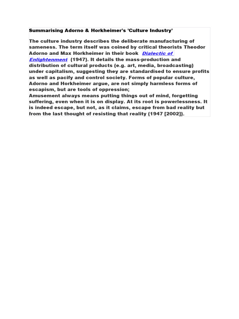 Theodor Andorono and Max Horkheimer The Cultural Industry | PDF ...