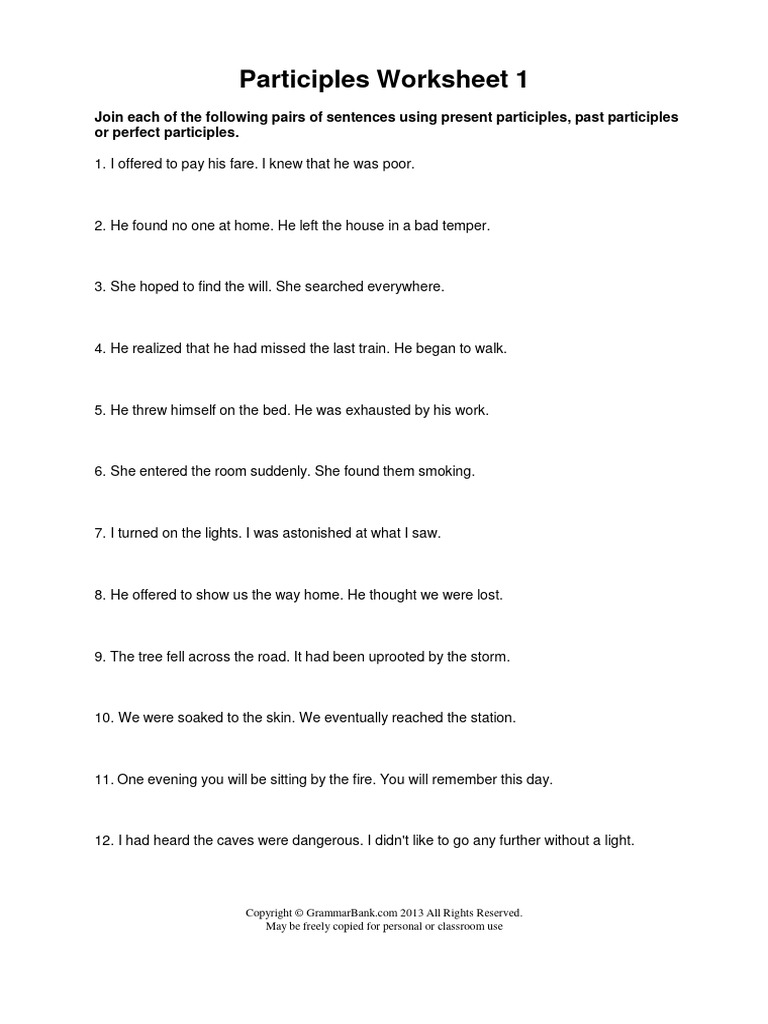 Participles Sentence Combining Exercises | PDF | Mystery, Thriller ...