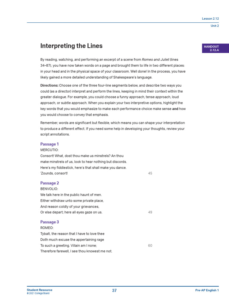 R&J Reading Between The Lines Handout | PDF