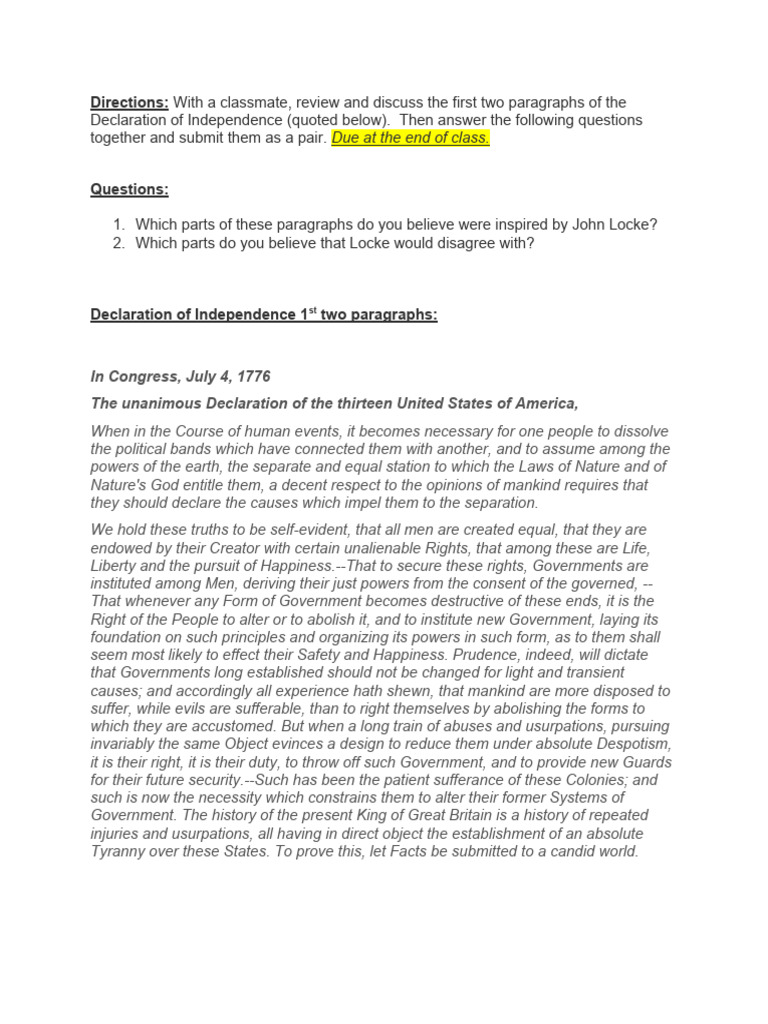 Declaration of Independence and Locke | PDF | United States Declaration ...