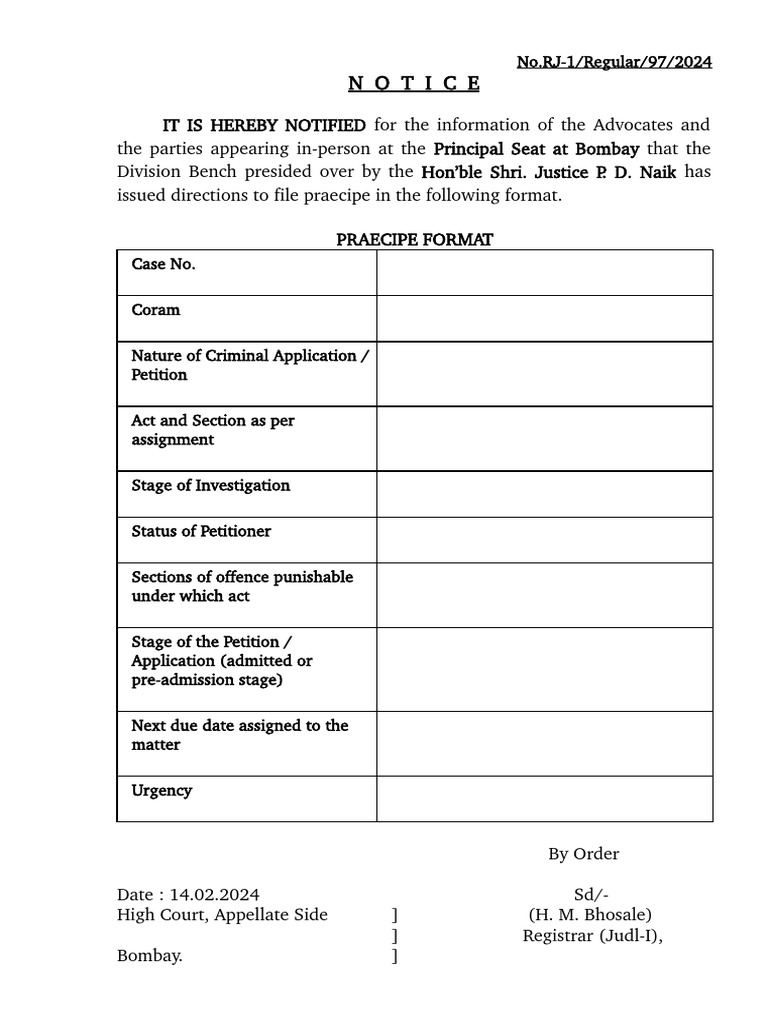 Bombay High Court Praecipe Format | PDF