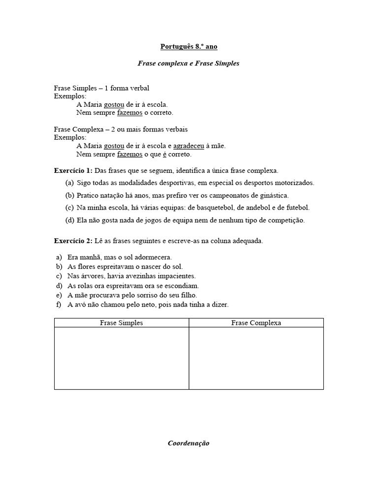 Frases Simples e Complexas: Exercícios 8.º Ano | PDF | Linguística | Famílias linguísticas