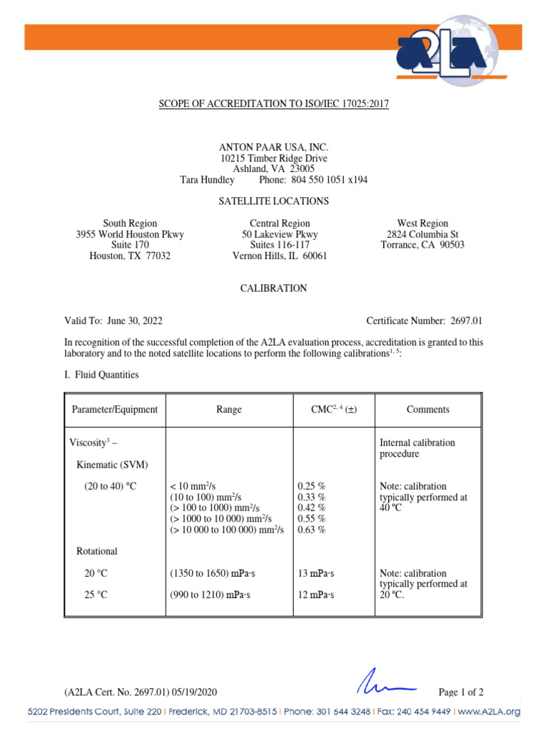 Anton Paar USA ISO 17025 Updated May 2020 | PDF | Calibration | Metrology