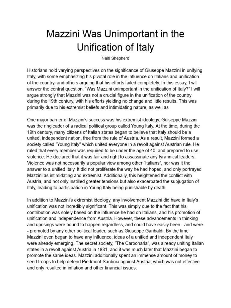 Mazzini Was Unimportant in The Unification of Italy | PDF | Italy