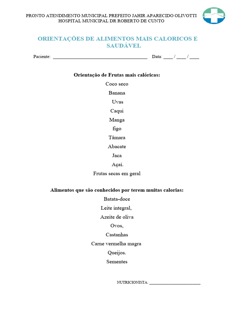 Alimentos Calóricos e Saudáveis | PDF