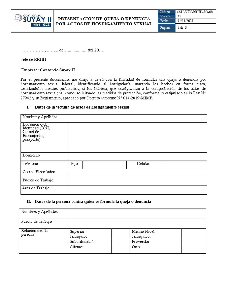 Formato De Queja O Denuncia Por Actos De Hostigamiento Sexual 0953
