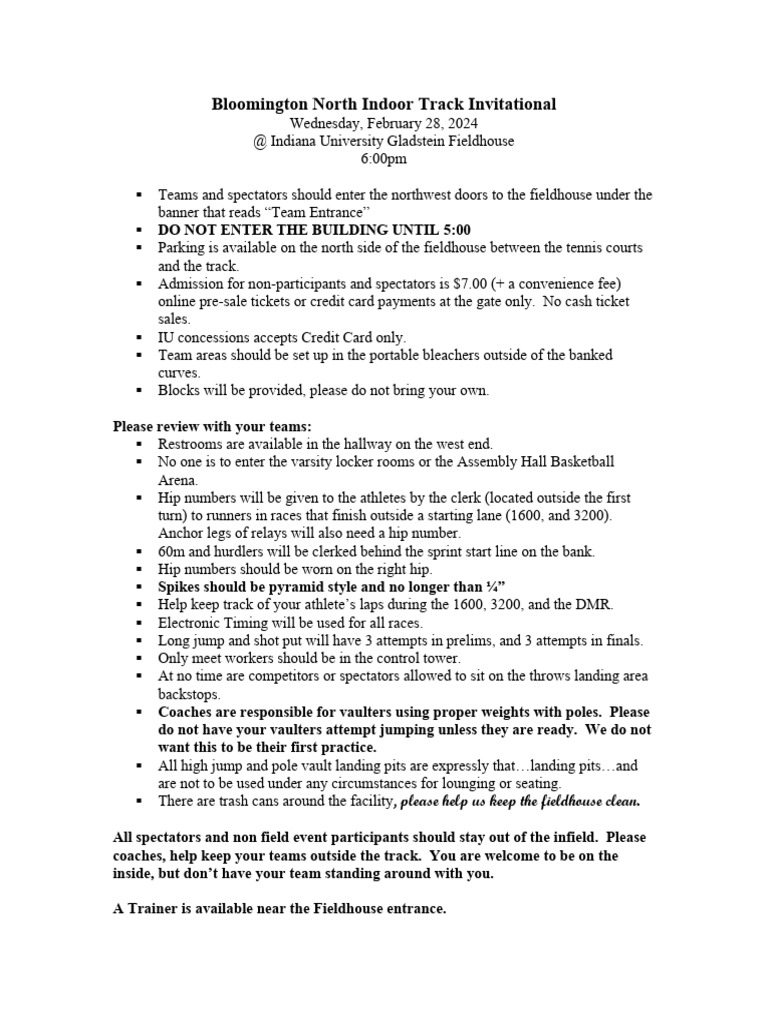 BHSN Indoor Invite Team Info Sheet | PDF | Track And Field | Individual ...
