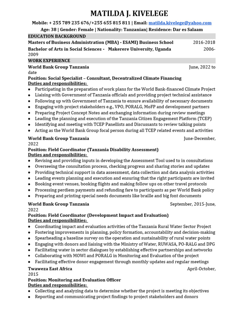 Matilda Kivelege CV | PDF | Evaluation | Tanzania