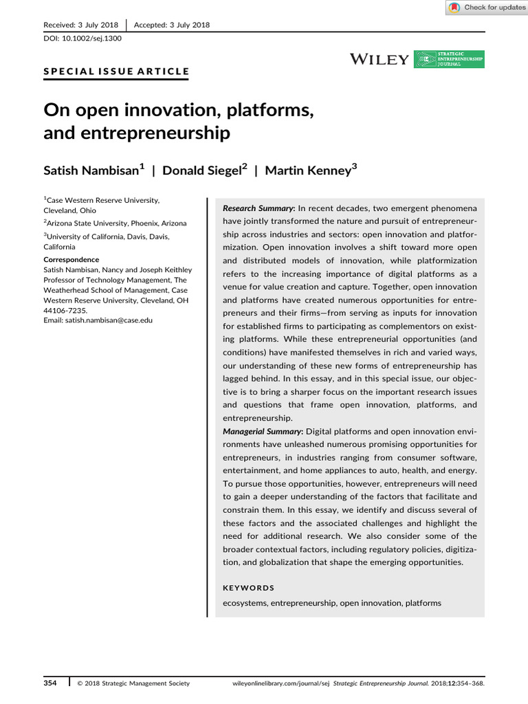 Strategic Entrepreneurship - 2018 - Nambisan - On Open Innovation Platforms and Entrepreneurship ...